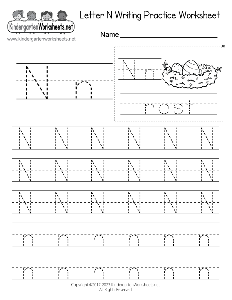 Letter N Writing Practice Worksheet Free Kindergarten English 